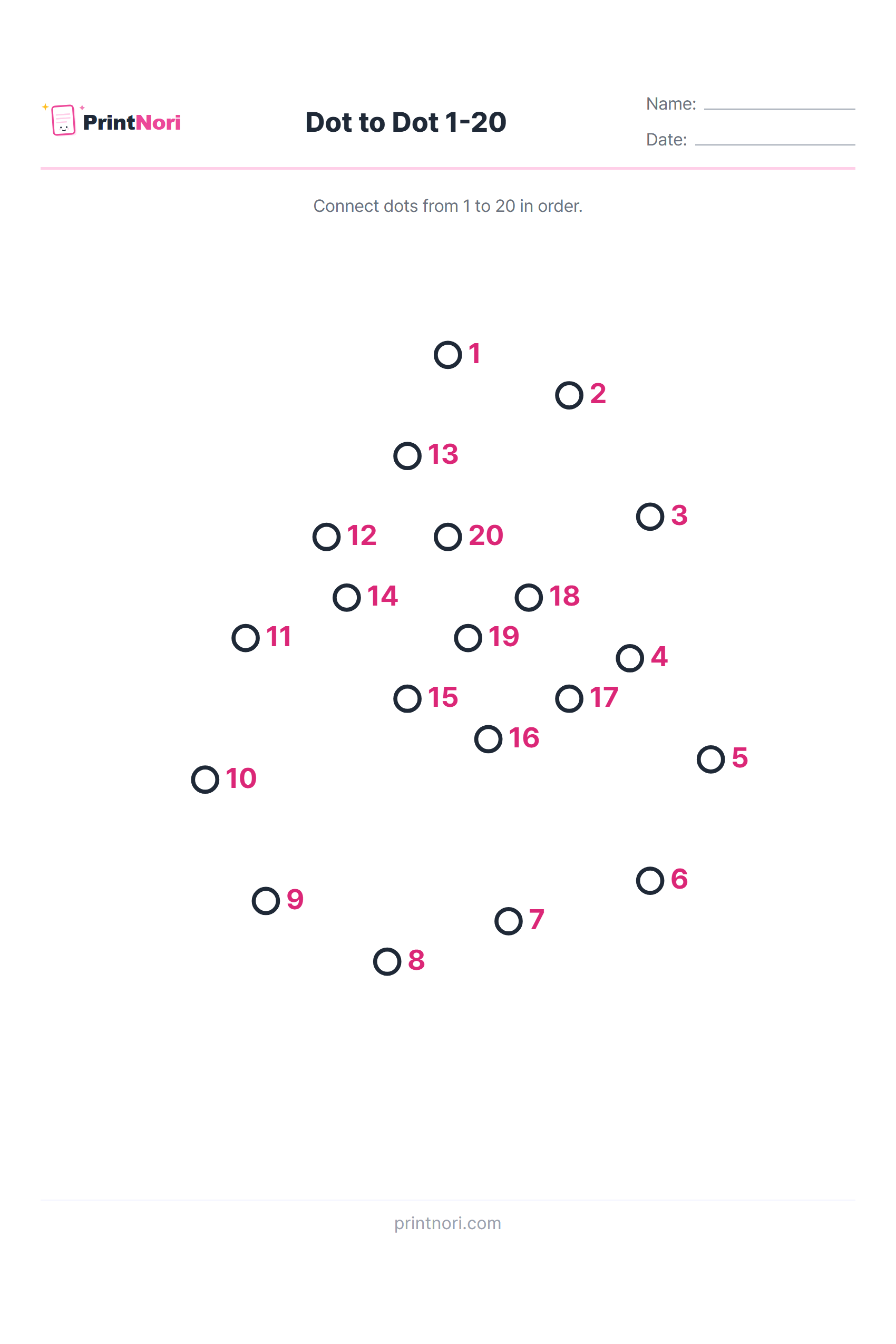 Dot to Dot 1-20 - PrintNori | Free Printable Materials